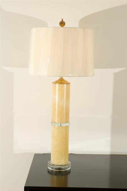 Pair of Large-Scale Marble Cylinder Lamps with Brass and Glass Accents ...