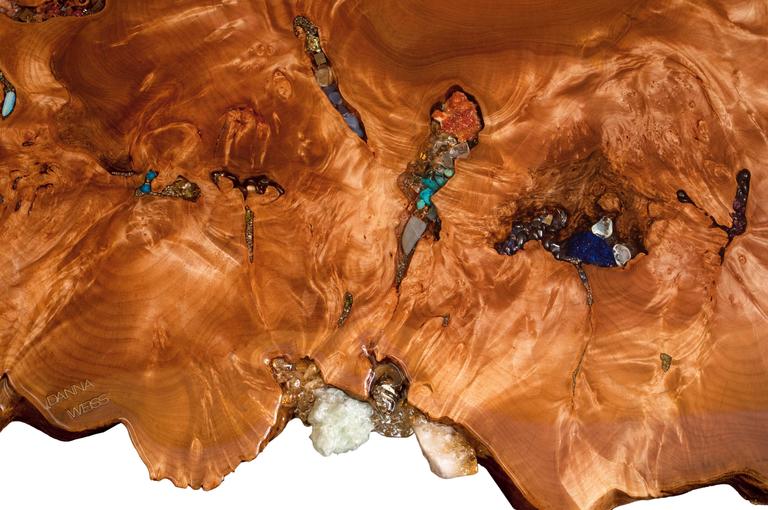 Round coffee table in wood with crystal and gemstone inlay at 1stDibs