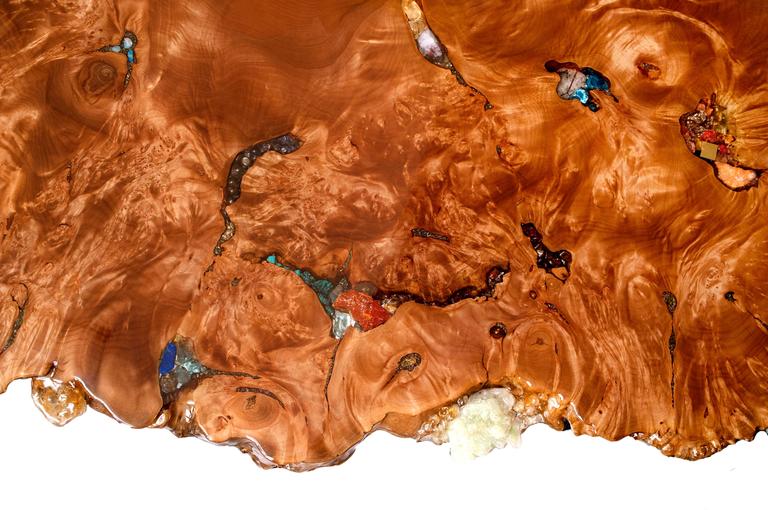 Round coffee table in wood with crystal and gemstone inlay at 1stDibs