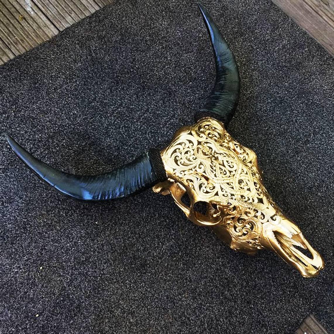 Engraved Buffalo Skull Gold Painted at 1stDibs