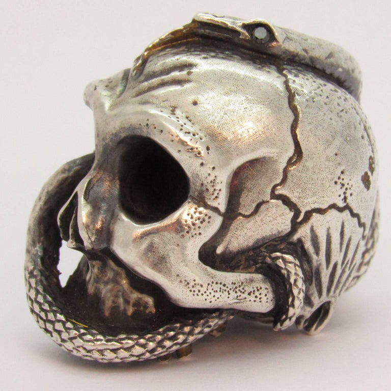 Antique Miniature Heavy Sterling Silver Skull with Snake Form Sculpture ...