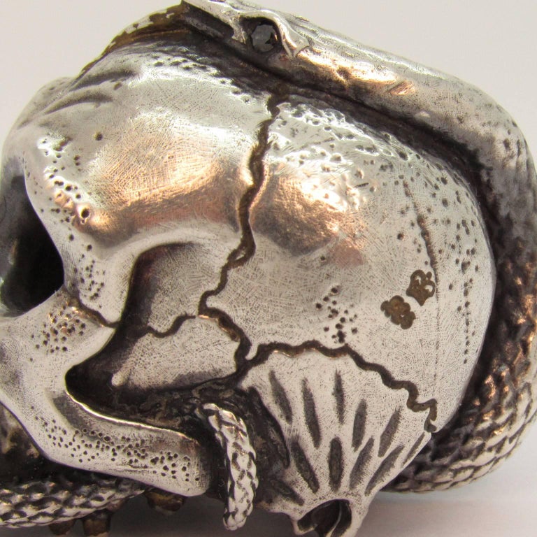 Antique Miniature Heavy Sterling Silver Skull with Snake Form Sculpture ...