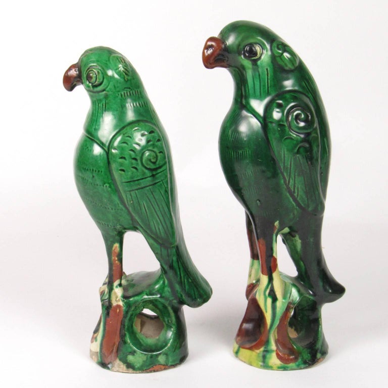 Two Antique Chinese Green Glazed Pottery Parrots at 1stDibs