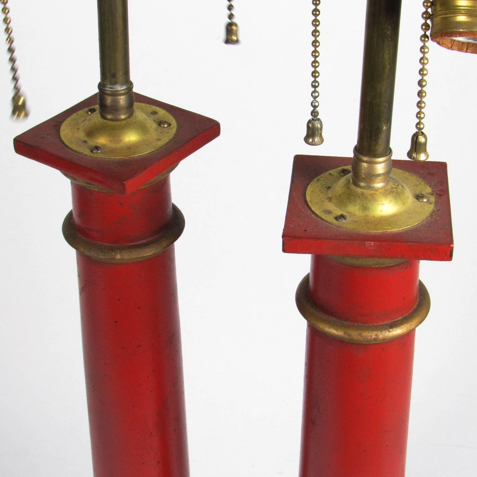 Pair of Vintage Red Painted Carved Wood Column Form Table Lamps For ...