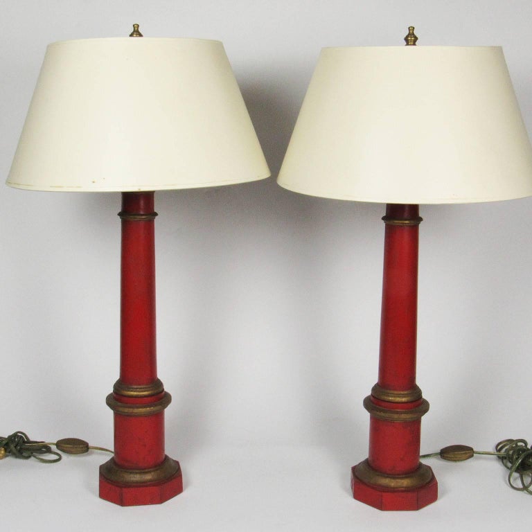 Pair of Vintage Red Painted Carved Wood Column Form Table Lamps For ...