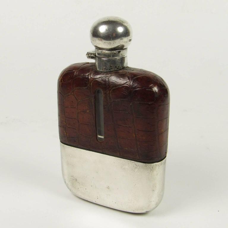 Early 20th Century English Silver and Alligator Skin Covered Glass Hip ...