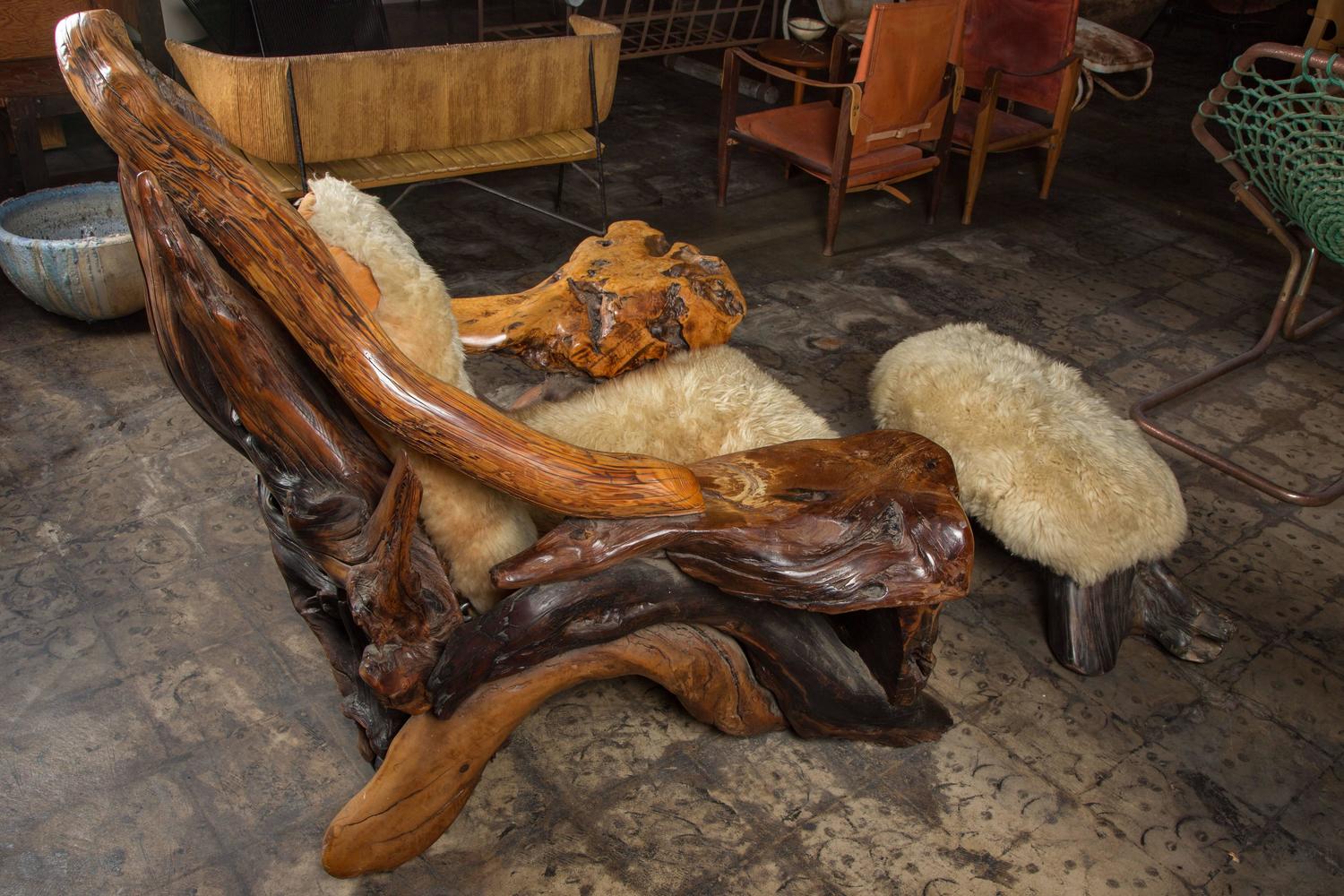 Oversize Biomorphic Burl Wood Lounge Chair and Ottoman with Sheepskin ...