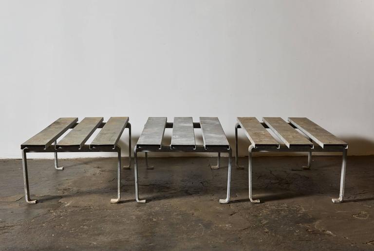 Three Slatted Galvanized Steel Benches at 1stdibs