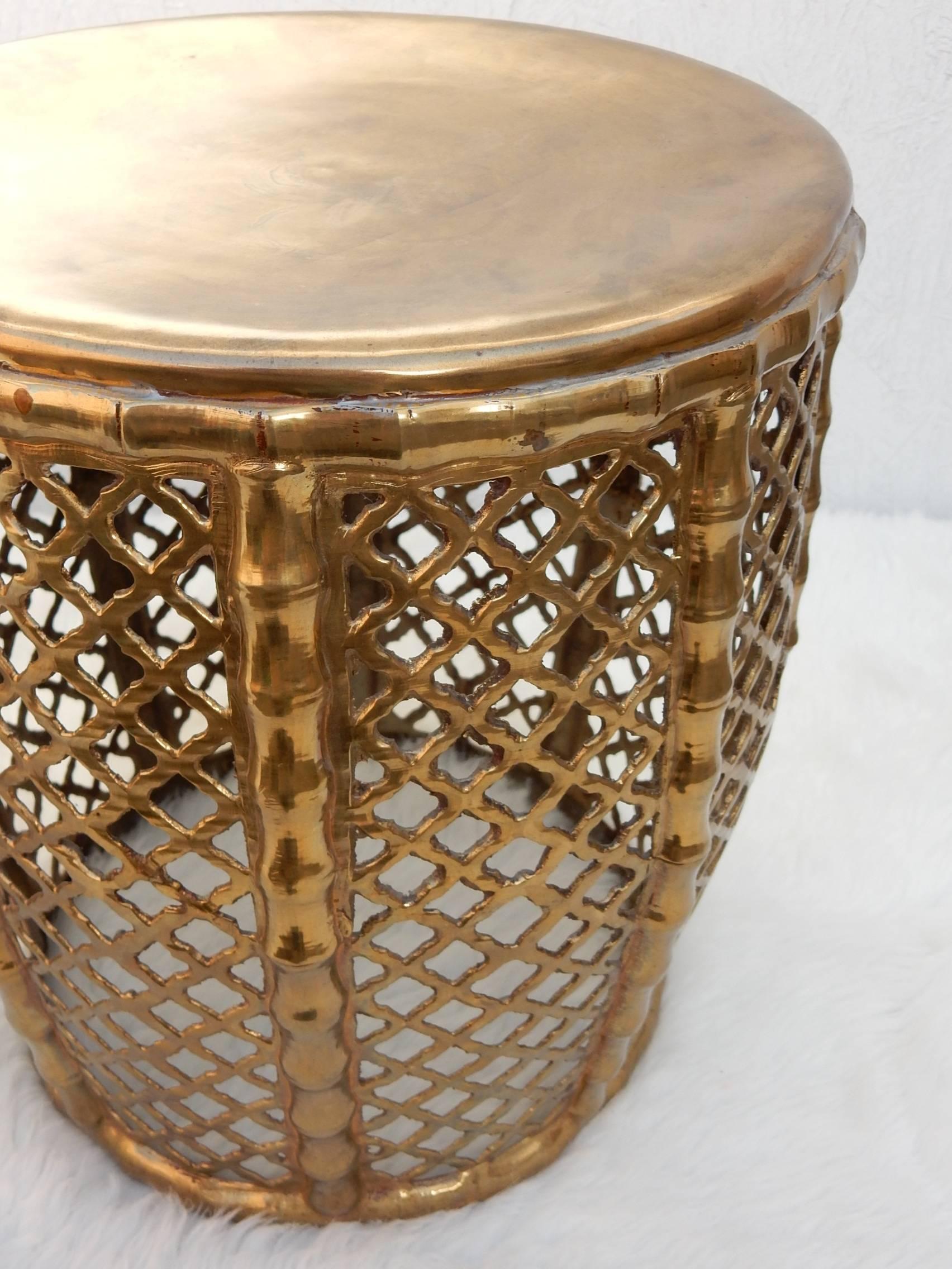 Hollywood Regency Pierced Brass Faux Bamboo Drum Stools, Pair at 1stDibs