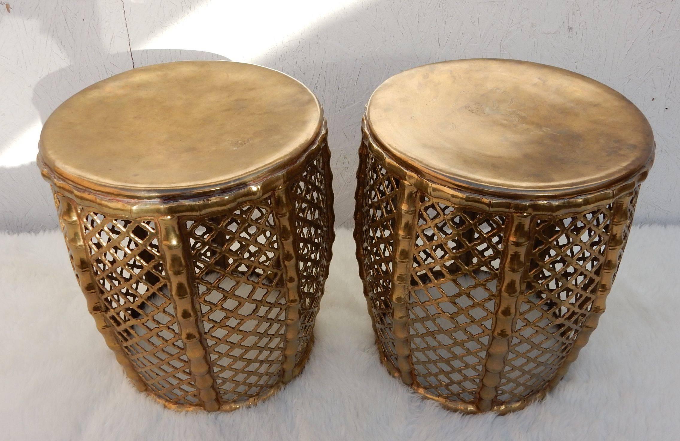 Hollywood Regency Pierced Brass Faux Bamboo Drum Stools, Pair at 1stDibs