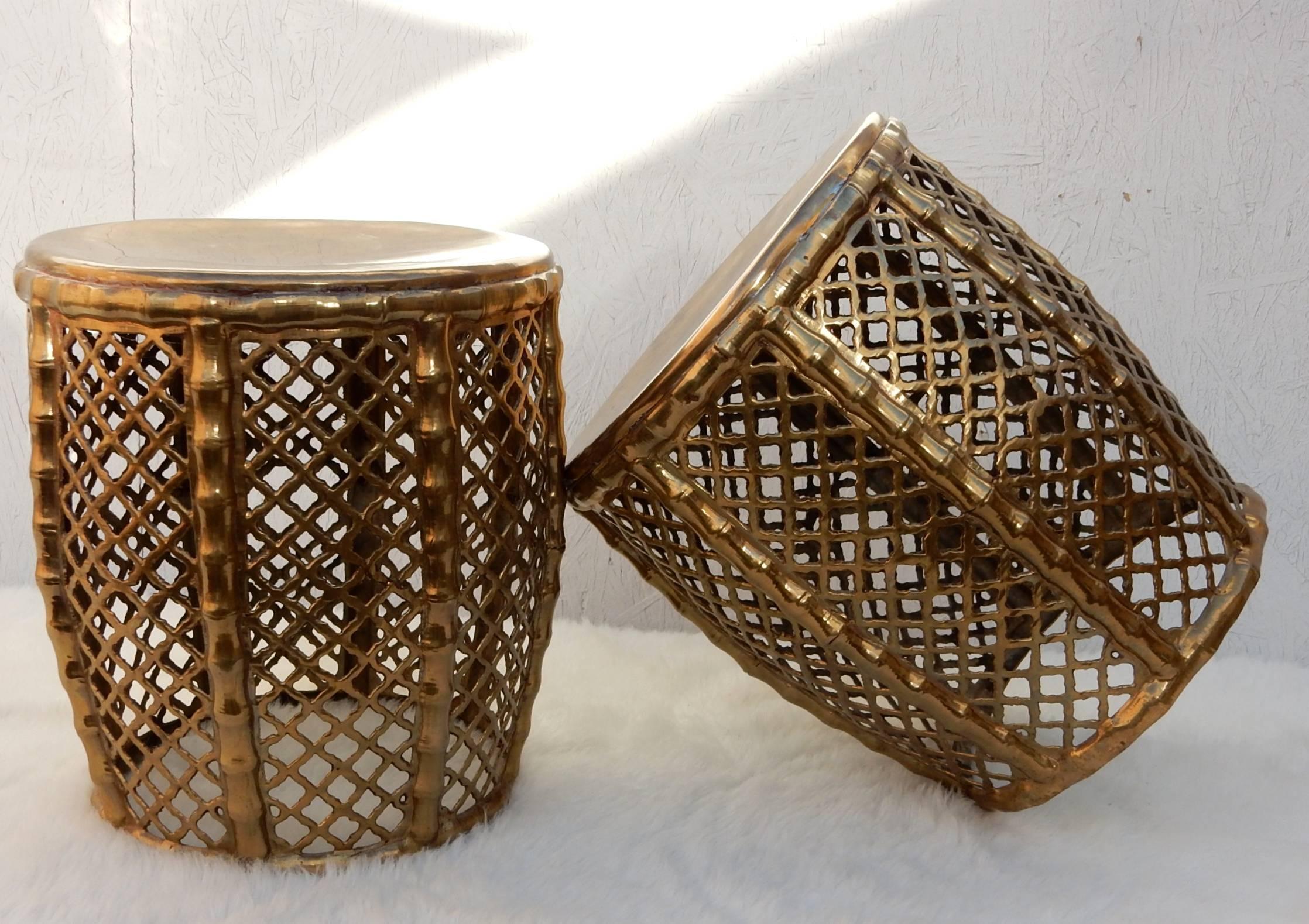 Hollywood Regency Pierced Brass Faux Bamboo Drum Stools, Pair at 1stDibs