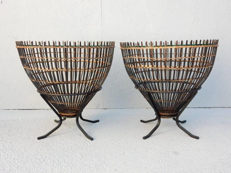 Pair of Franco Albini Organic Modern Rattan and Iron Side Tables at 1stDibs