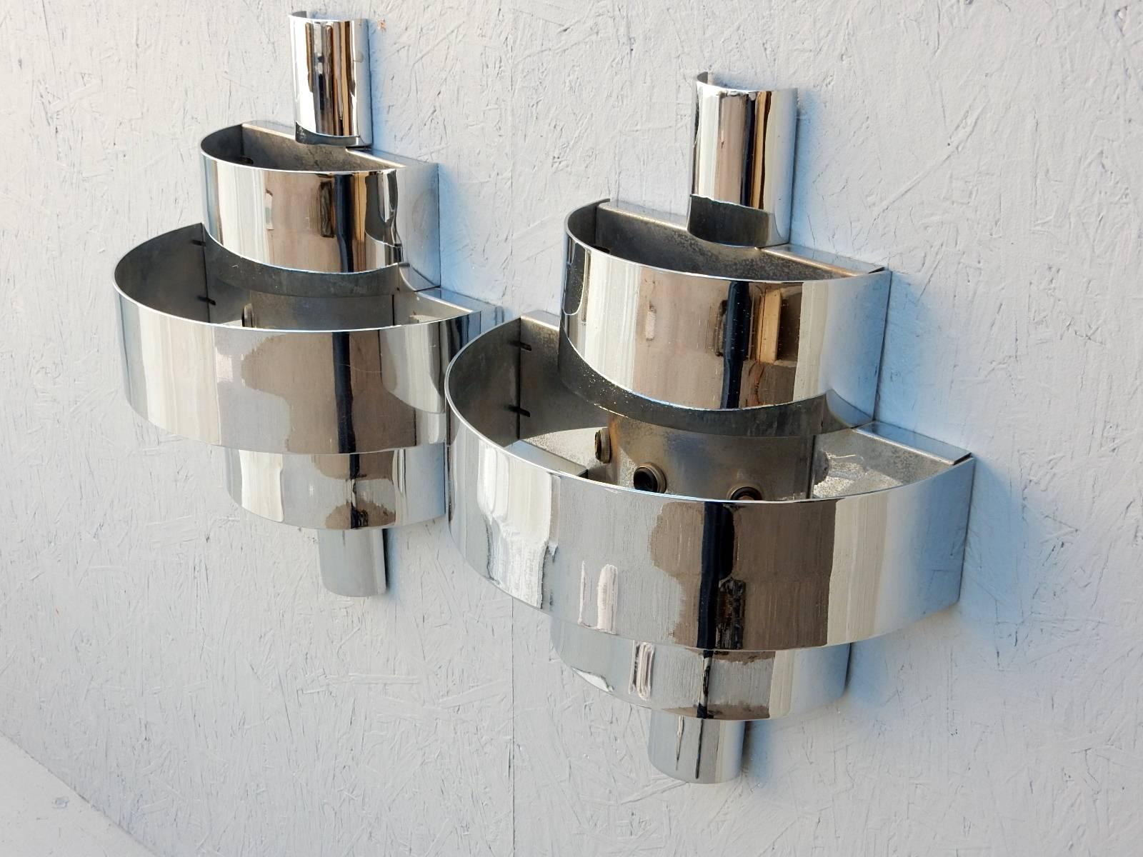 1940s Streamline Moderne Art Deco Sconce Wall Lamps in Nickel at 1stDibs
