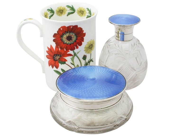1925 Sterling Silver Cut Glass and Guilloche Enamel Dressing Table Set ...