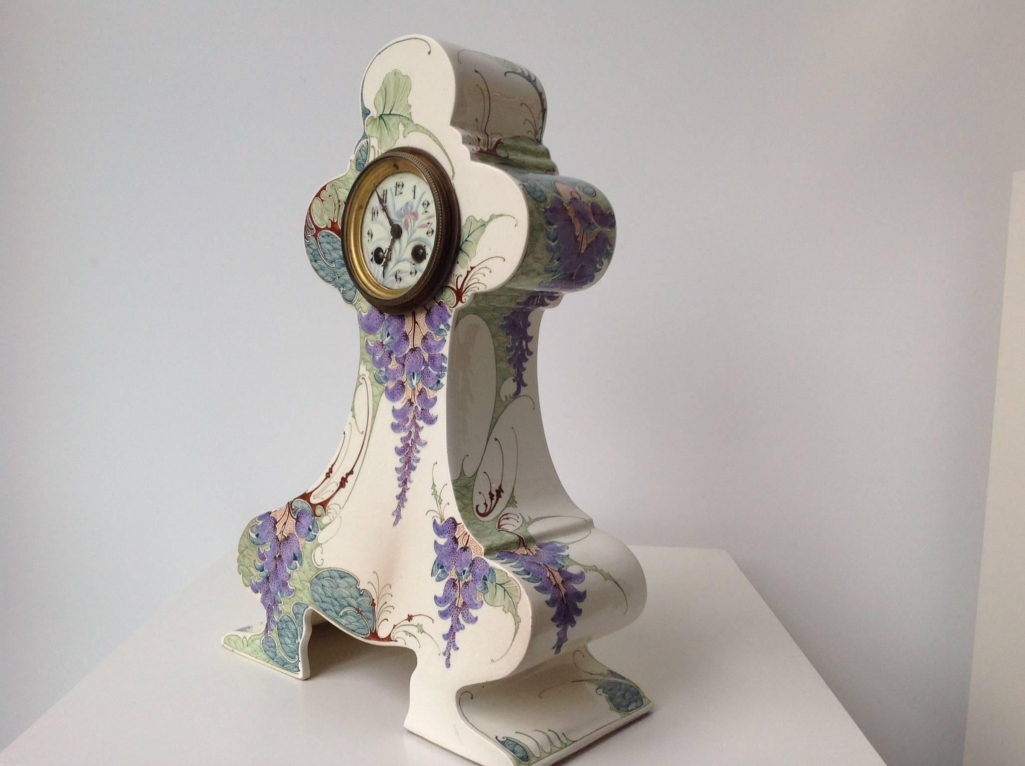 Art Nouveau clock, ceramic with a floral design, Gouda For Sale at 1stDibs