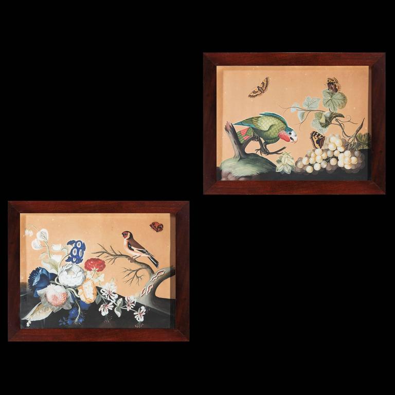 Pair of Samuel Dixon ‘Basso Relievo’ Watercolors of Birds and Flowers ...