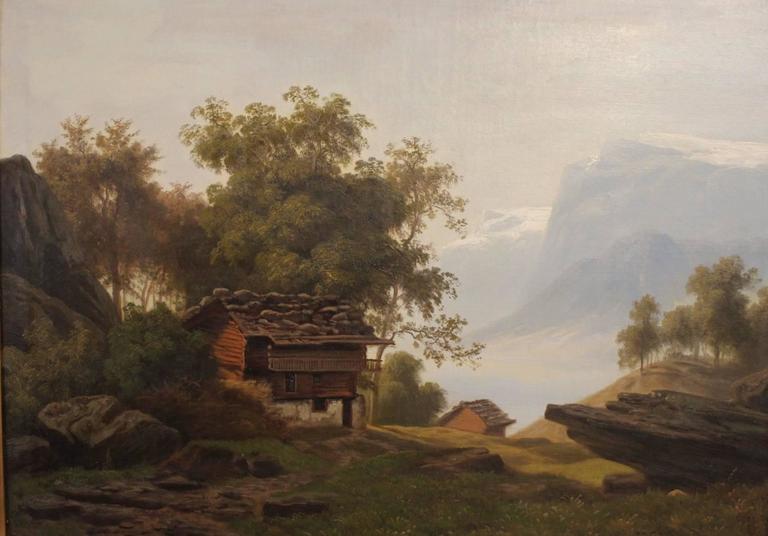 Oil Painting of Beautiful Swiss Landscape with Gilded Frame, 1880s For ...