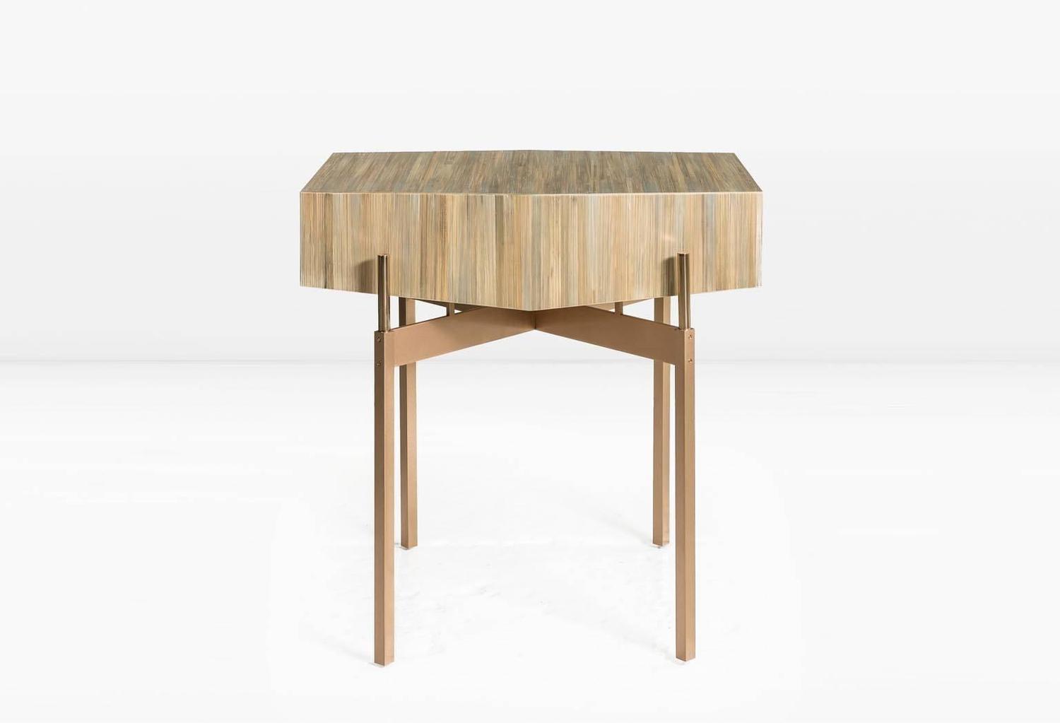 Holyfield Side or End Table with Bronze Base and Straw Marquetry Top ...