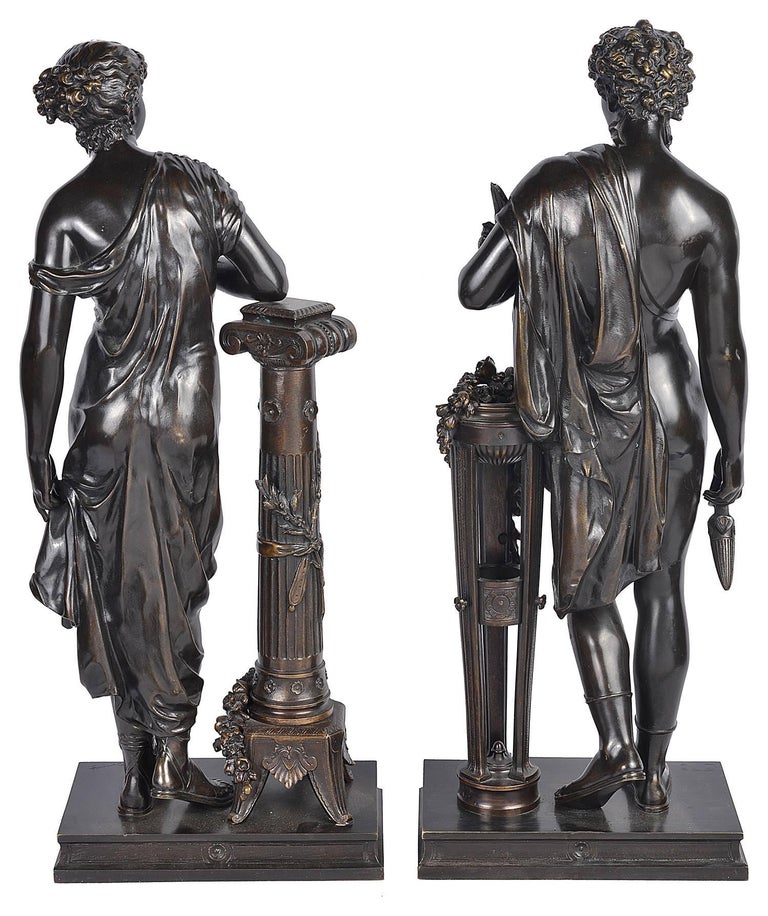 Pair of Classical Grecho Bronze Statues of Classical Females by Dumaige ...