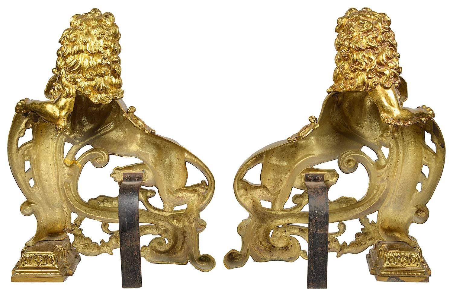Pair of 19th Century Lion Fire Dogs or Chenets For Sale at 1stDibs