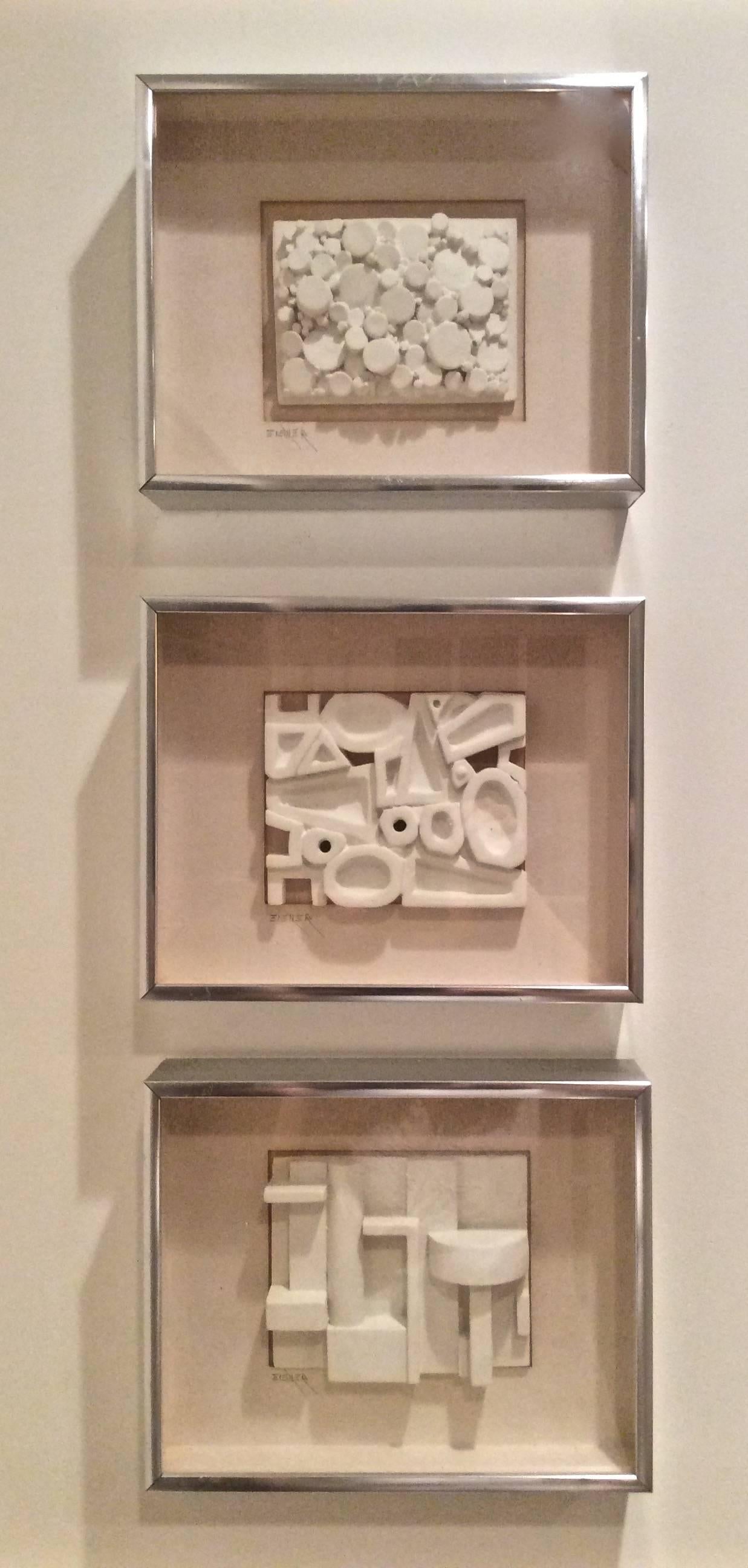 Trio of Modernist Wood Block Wall Sculptures, Signed by Artist Jack ...