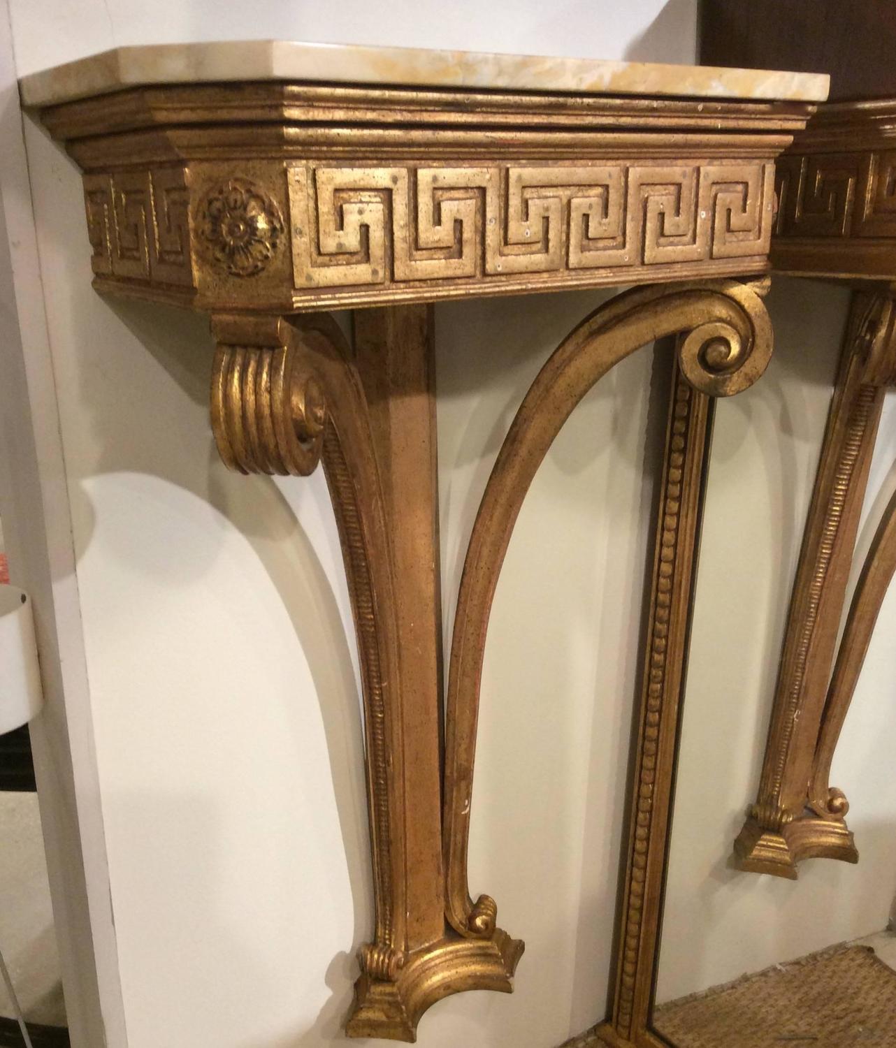 Italian Giltwood Greek Key Wall-Mounted Console Table and Mirror For ...