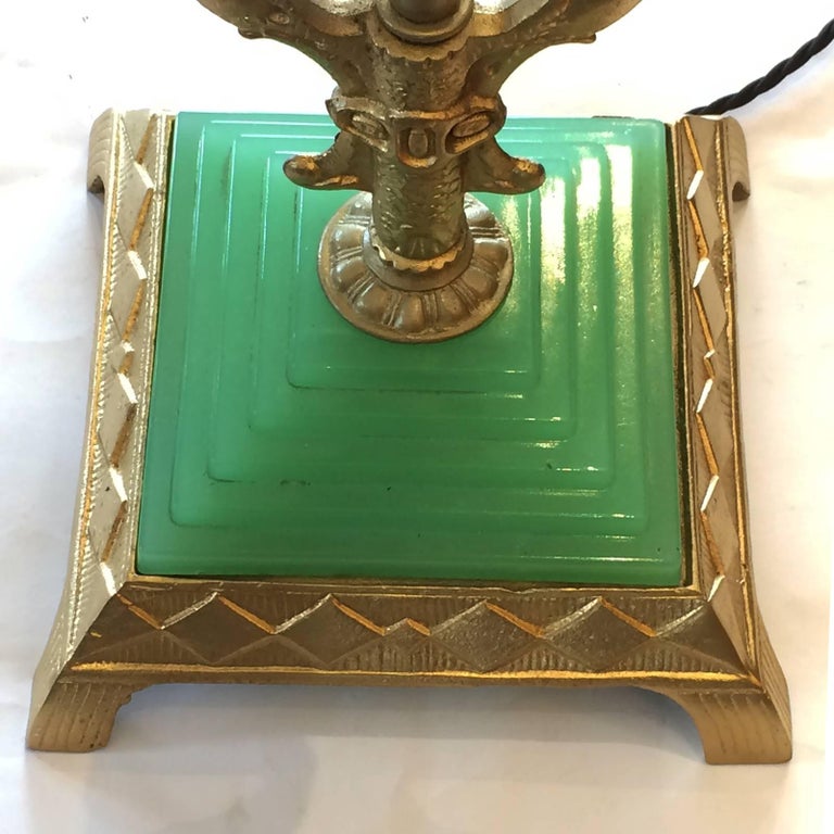 Art Nouveau Jadeite Glass and Irridescent Pulled Feather Shade Bridge ...