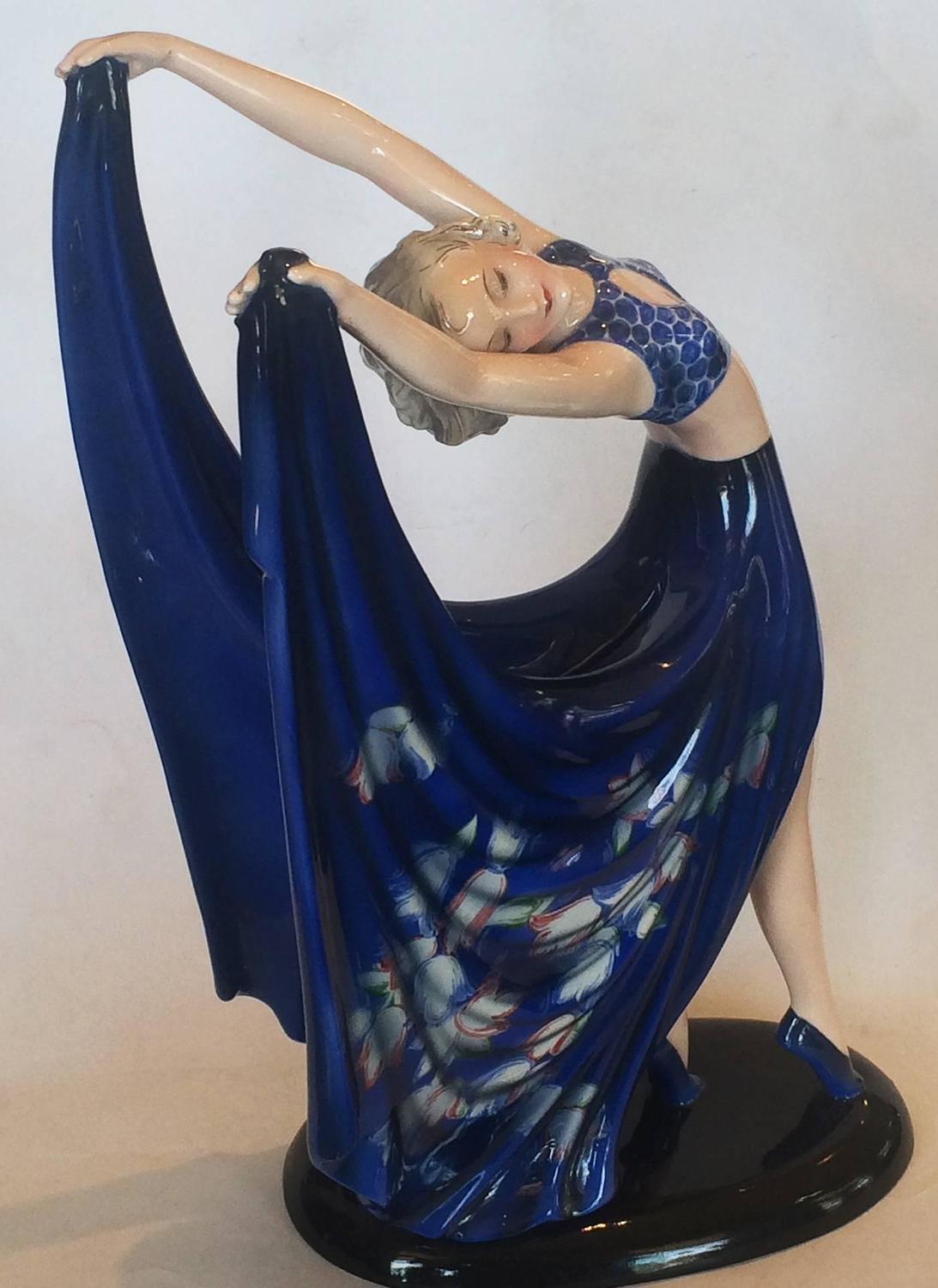 Beautiful Art Deco Goldscheider Statue of Dancing Lady with Blue Dress ...