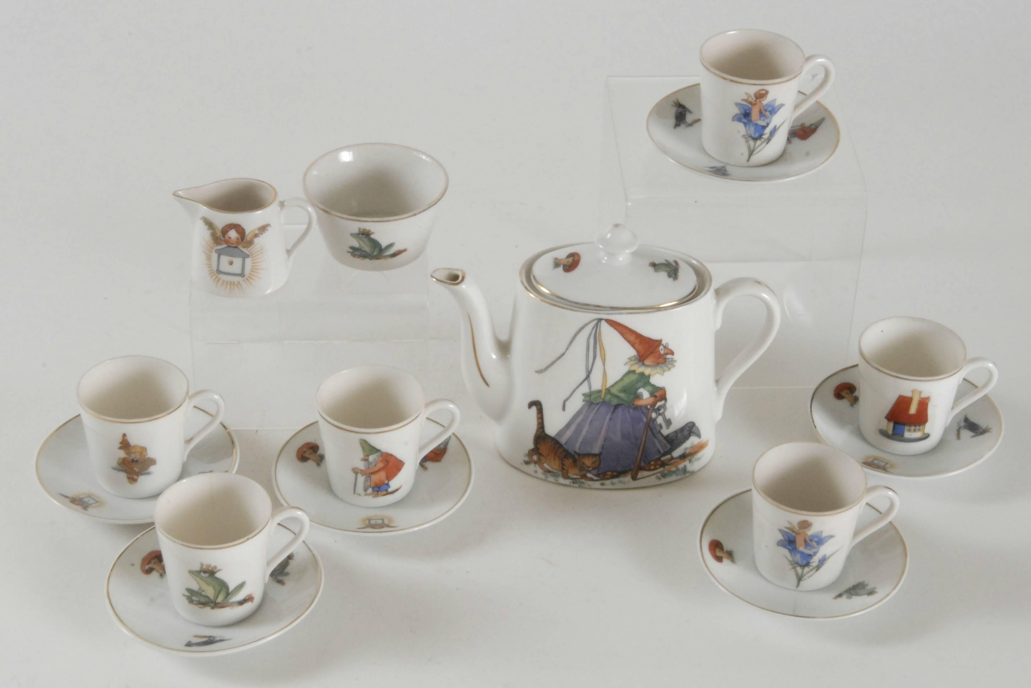 Midcentury Child's Porcelain Tea Set with Fairy-Tale Style Decoration ...