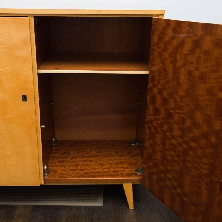 Midcentury Blonde Mahogany and Tiger Maple Cabinet at 1stDibs
