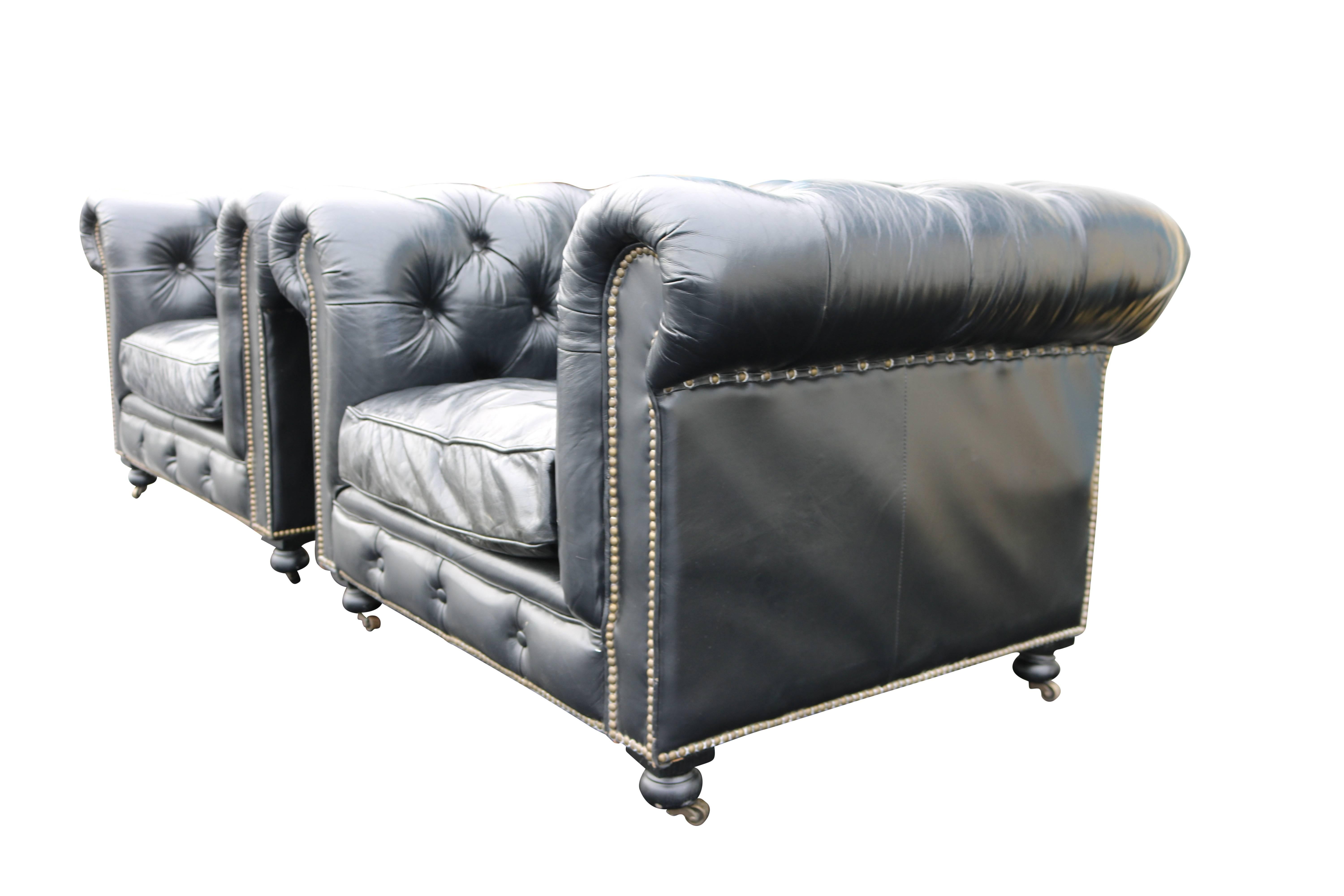 Pair of Black Leather Chesterfield Chairs at 1stDibs
