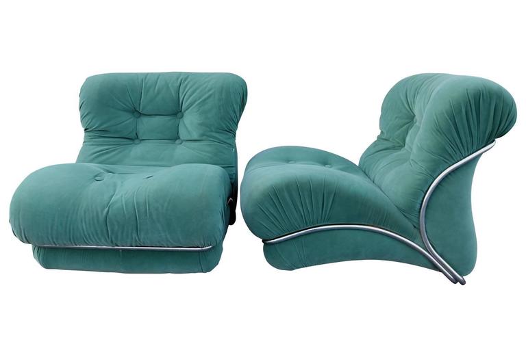 Pair of Green Chrome Overstuffed Chairs after Tobia Scarpa, 1980s at ...