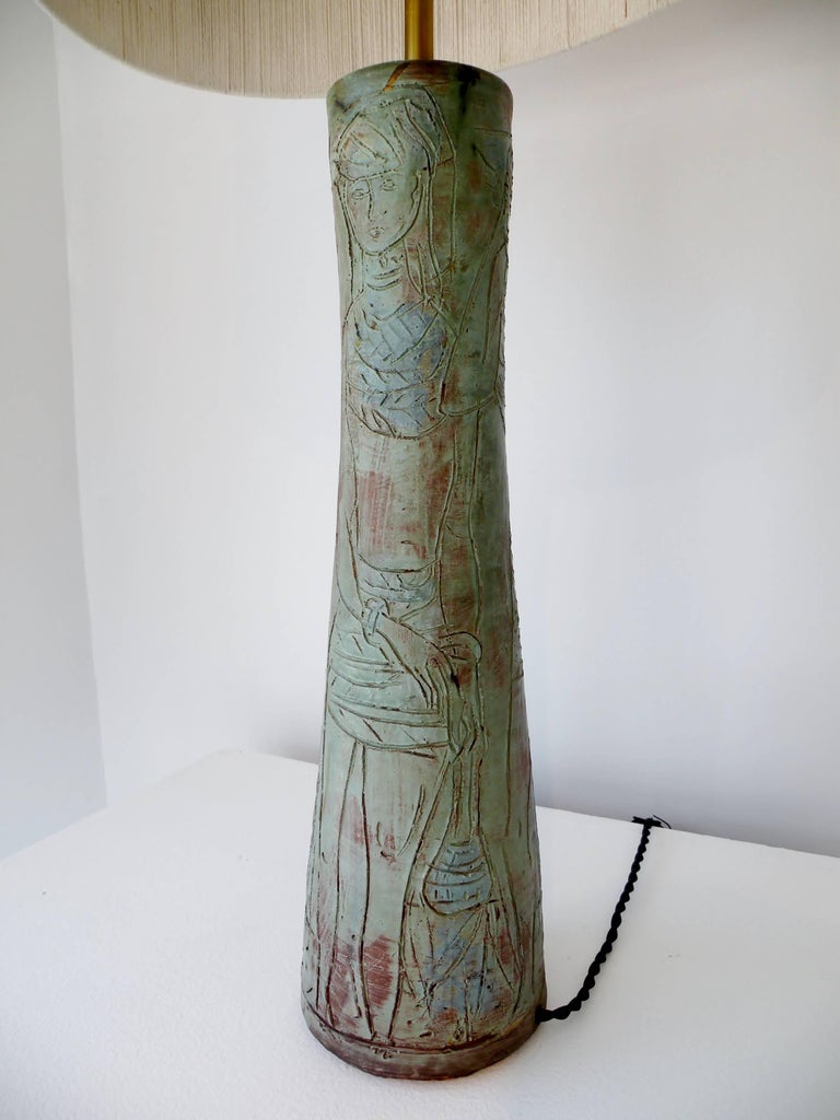 1950s Midcentury Studio Art Pottery Table Lamp Sgraffito Figural ...
