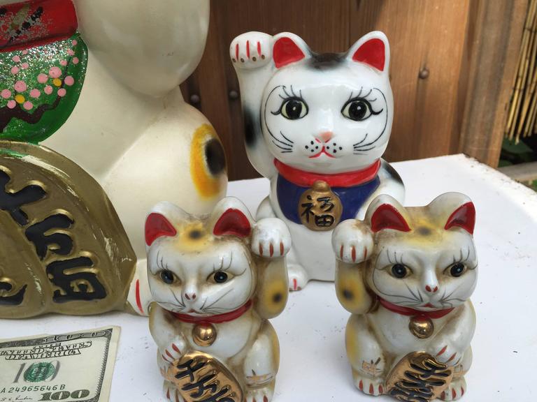 Japanese Family Five Antique Hand glazed Fortune Money CATS at 1stDibs