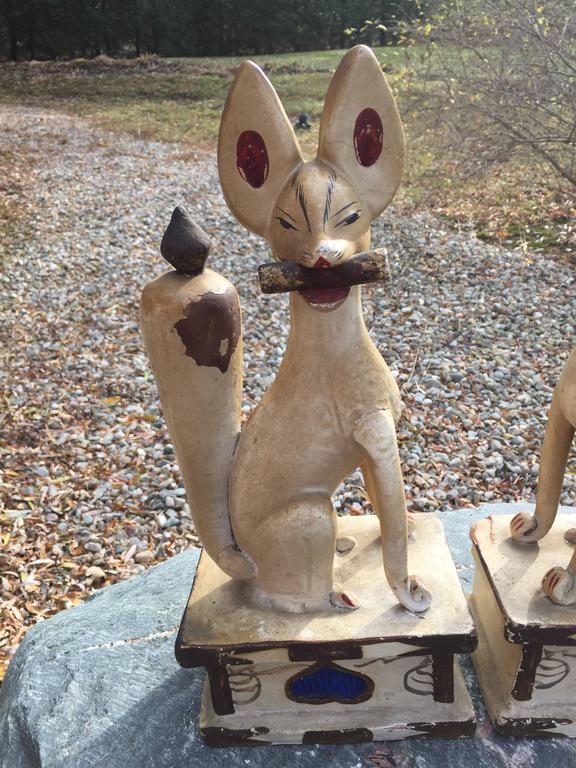 Japan Handmade Magical White Fox Inari Pair from Temple 80 Years Old at ...