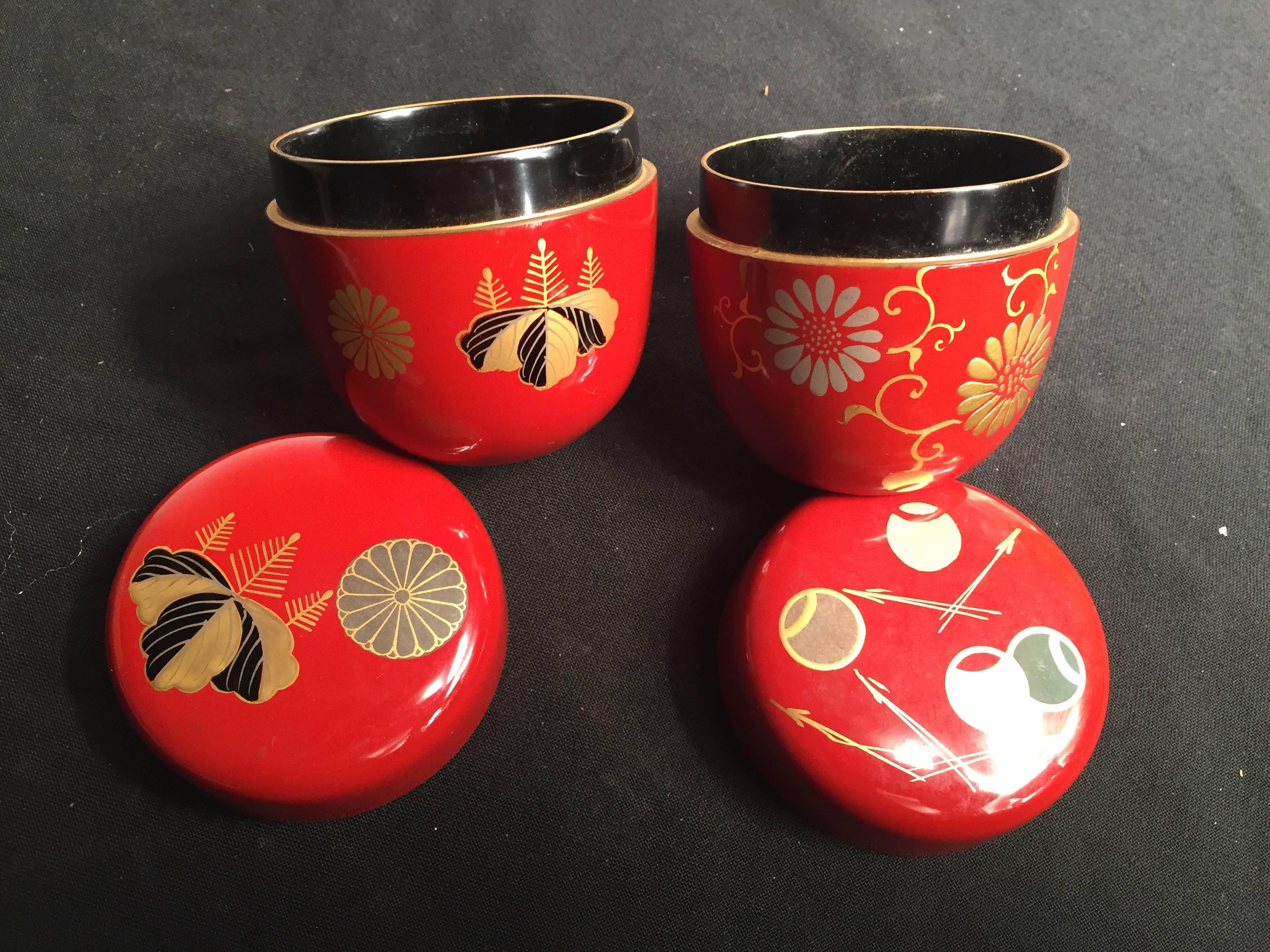 Japan Gold Inlaid Red Lacquered Tea Caddies Pair of Chaire at 1stDibs