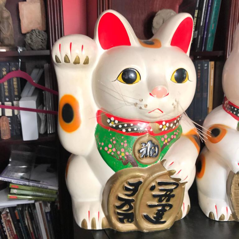Japanese Two Big Hand Glazed Fortune Money Cats at 1stDibs