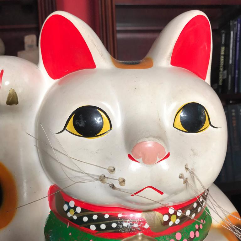 Japanese Two Big Hand Glazed Fortune Money Cats at 1stDibs