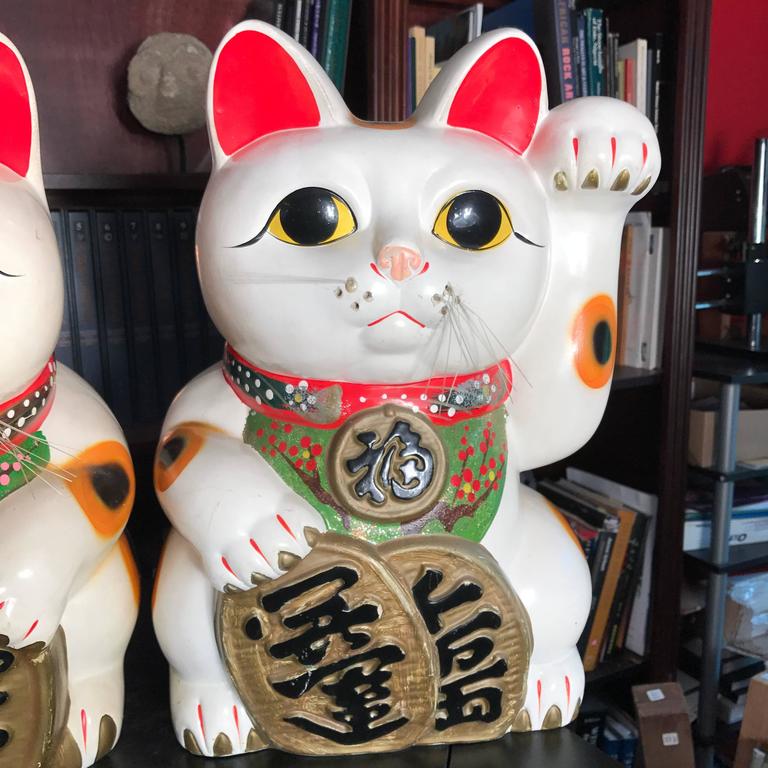 Japanese Two Big Hand Glazed Fortune Money Cats at 1stDibs