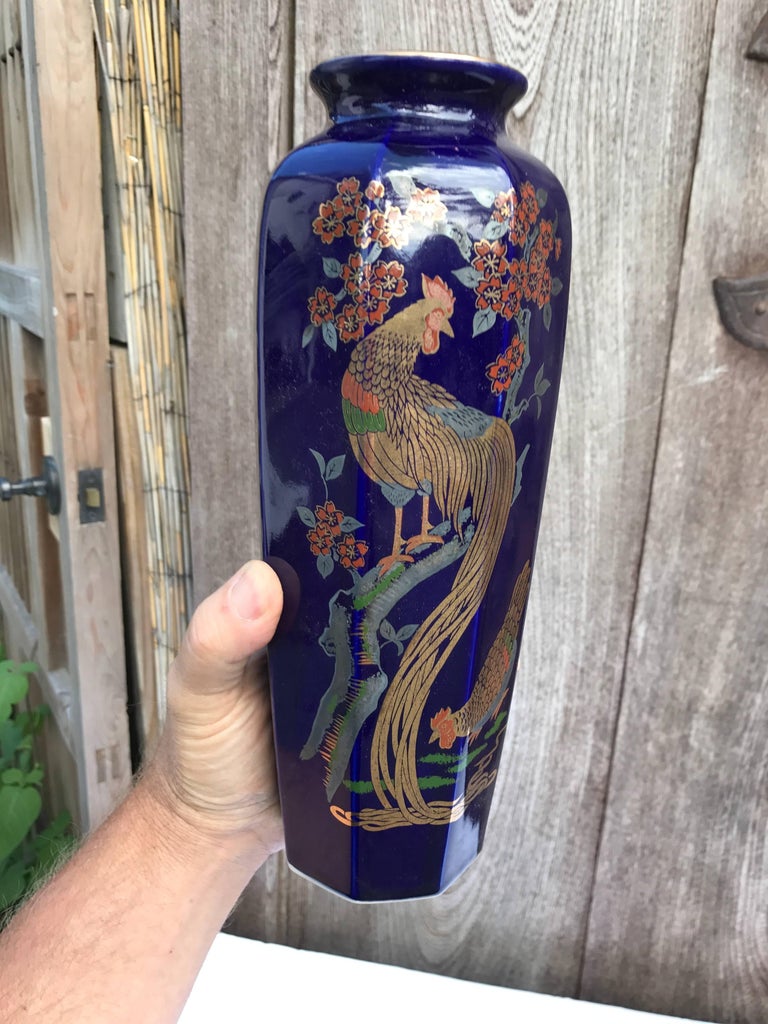 Japan Brilliant Gold Hand-Stencilled and Painted Blue Bird Vase, Mint ...