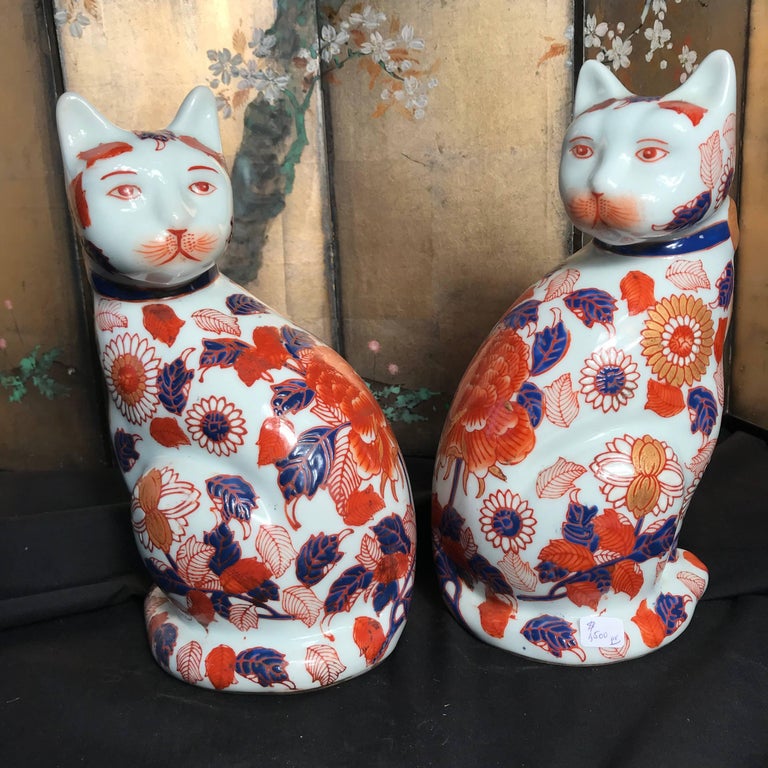 Japanese Pair of Imari Porcelain Lovable Cats Sculpture, Signed Base at ...