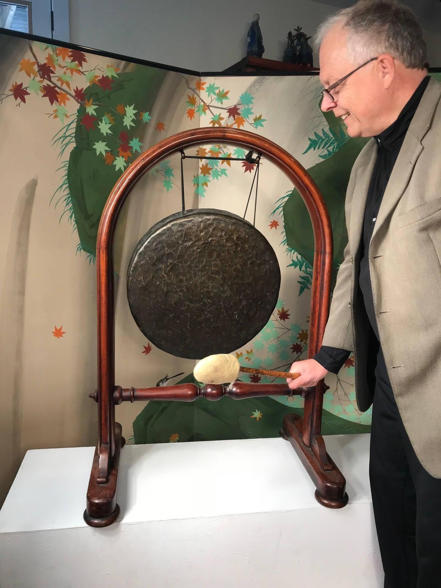 Tibetan Big Antique Hand-Hammered Bronze Gong on Stand-Soothing Deep ...