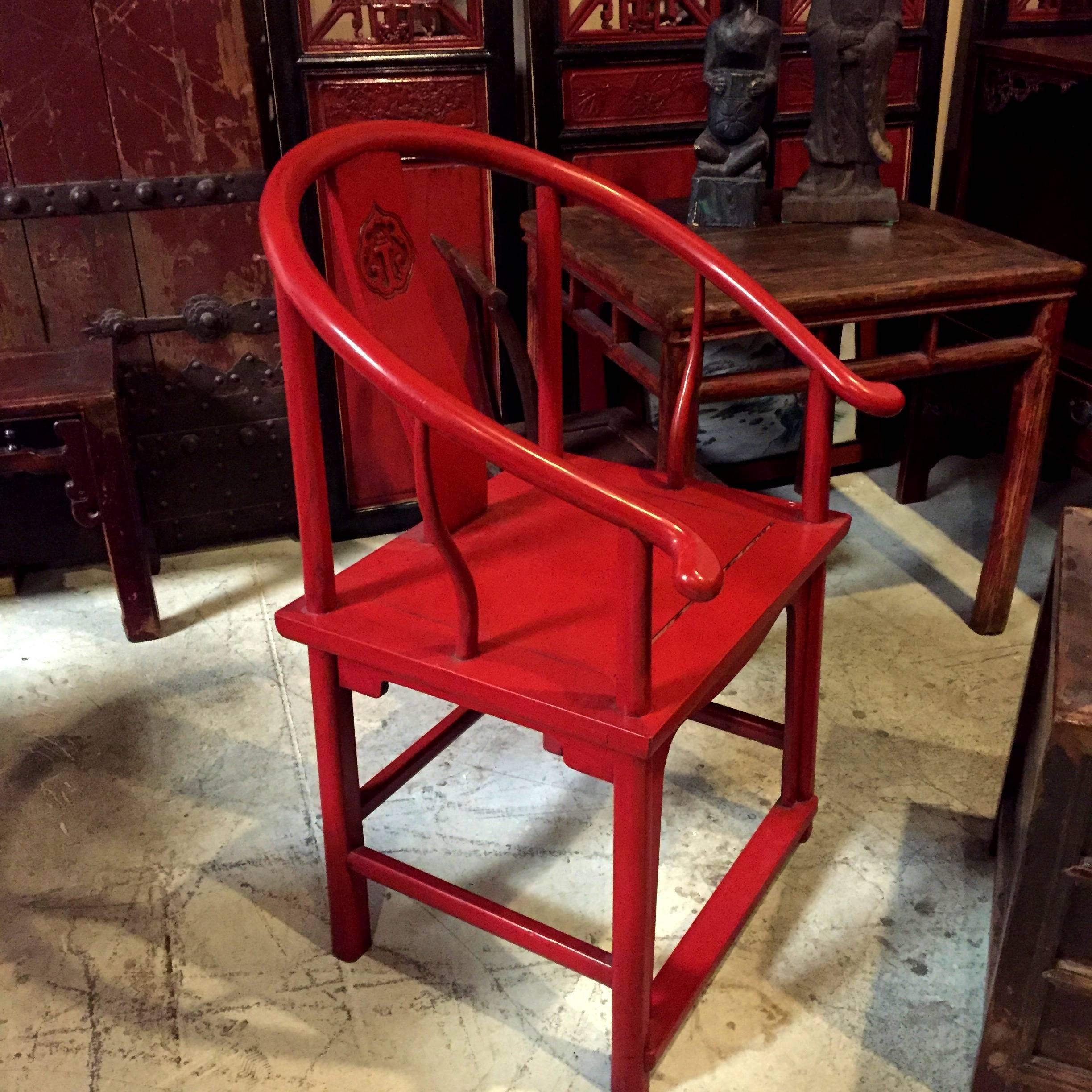 Pair Chinese Ming Style Red Lacquer Horseshoe Chairs at 1stDibs