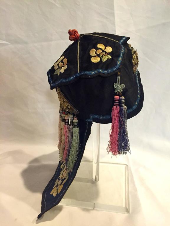 19th Century Chinese Antique Embroidered Hat with Silver Ornaments For ...