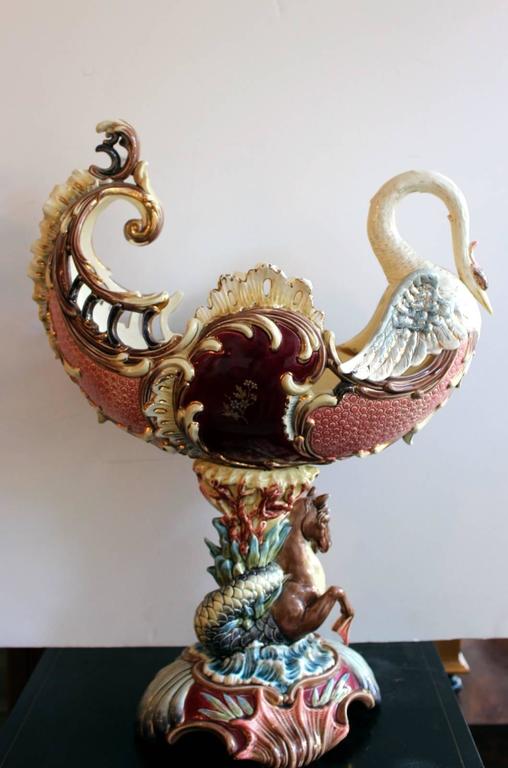 Impressive Majolica Swan and Shell Form Austrian Centerpiece at 1stDibs