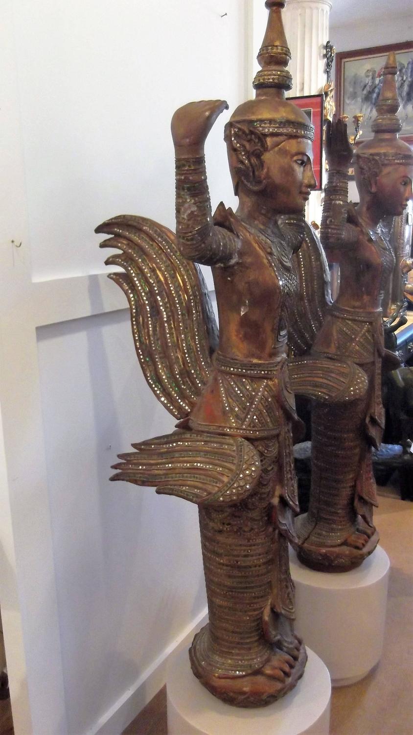 Pair of Antique Thai Wood and Gilt Goddess Statues at 1stdibs