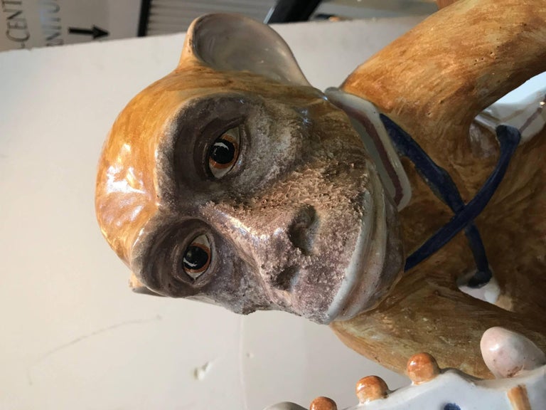 Italian Faience Pottery Sculpture of a Monkey Musician For Sale at 1stDibs