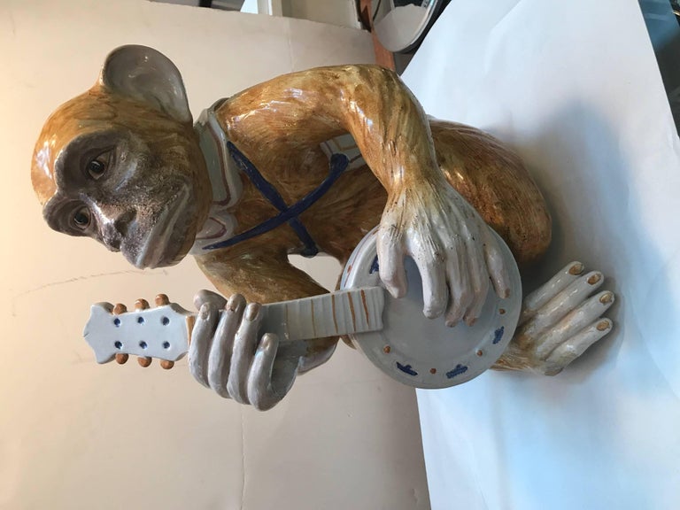 Italian Faience Pottery Sculpture of a Monkey Musician For Sale at 1stDibs