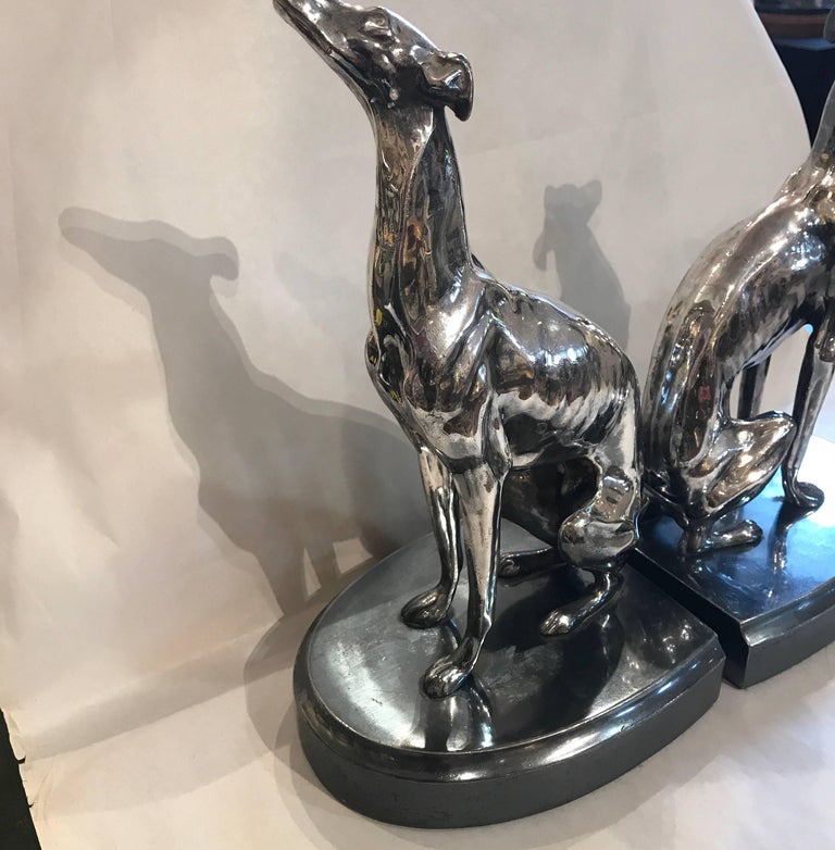 Pair of Silver Plater Greyhound Bookend Sculptures at 1stDibs