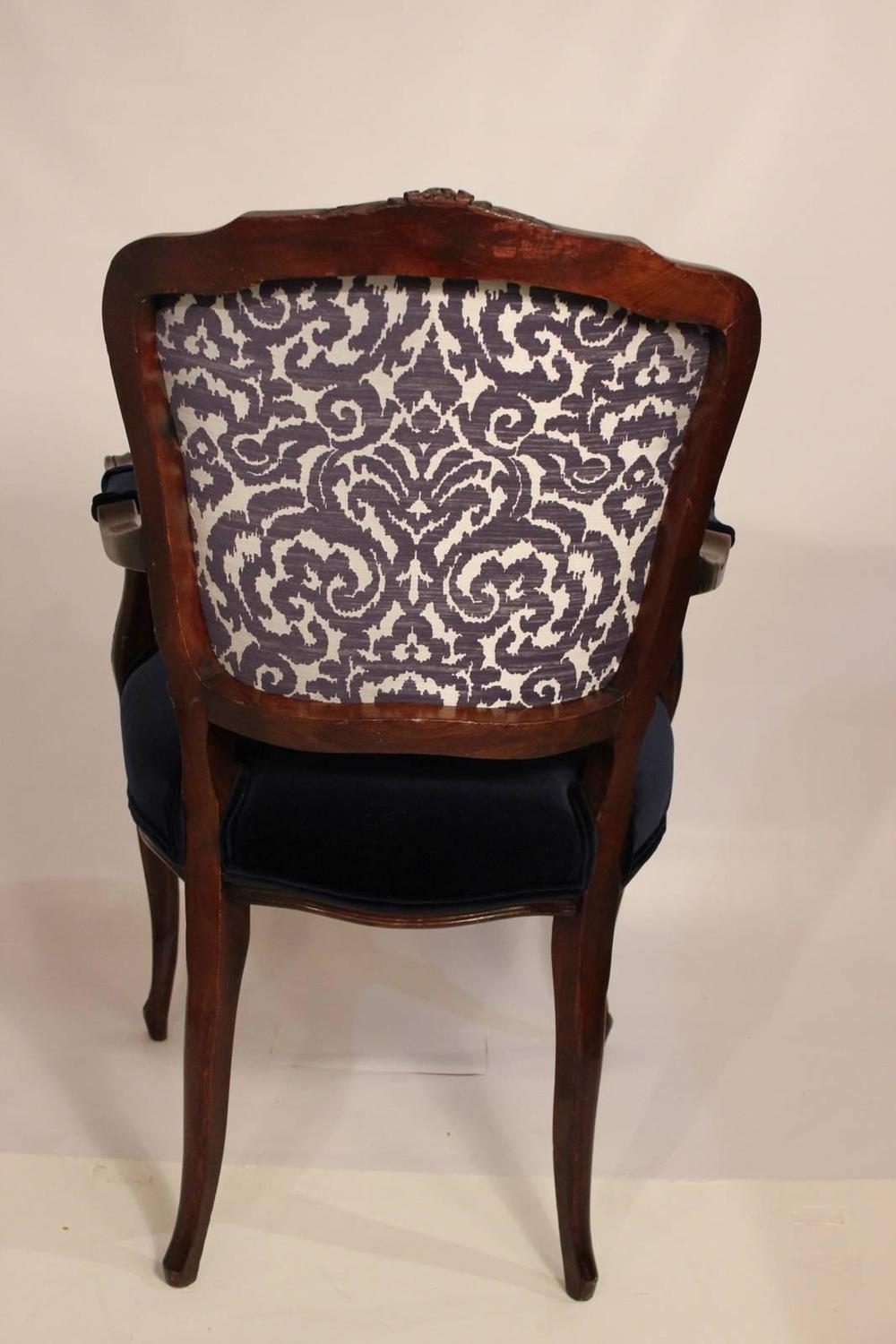 Six Dining Room Chairs with Navy Velvet and Damask Fabric For Sale at ...